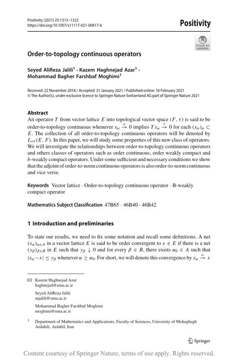 Order To Topology Continuous Operators Request Pdf