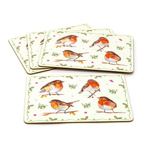 Set Of 4 Winter Robins And Holly Table Placemats 4 Piece Festive Robin