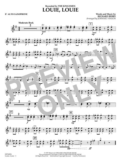 Louie Louie Arr Johnnie Vinson Eb Alto Saxophone By The Kingsman