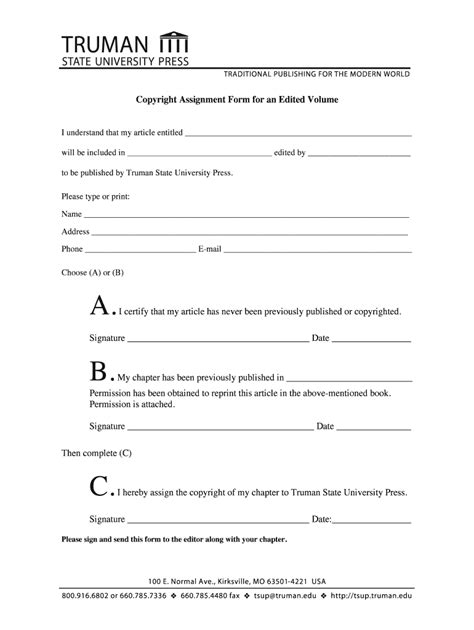 Copyright Assignment Form Truman State University Press Tsup Truman