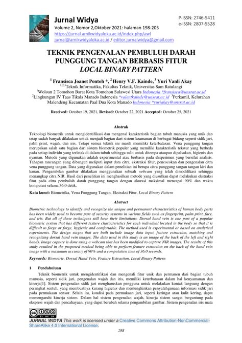Pdf Teknik Pengenalan Pembuluh Darah Punggung Tangan Berbasis Fitur Local Binary Pattern