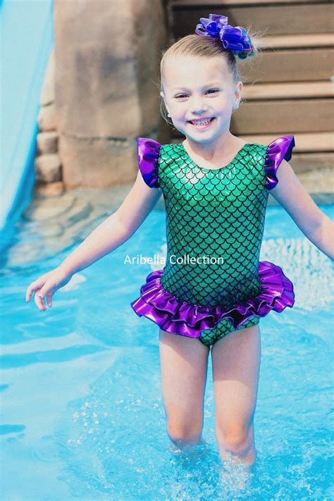 Mermaid One Piece Ruffle Bottom Swimsuit Leotard Greenpurple