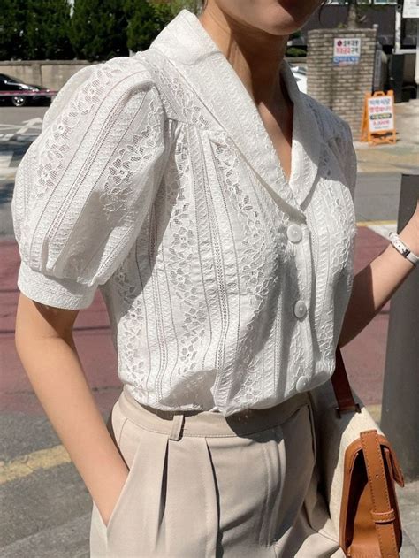 Dazy Puff Sleeve Eyelet Embroidered Shawl Collar Blouse Blouse