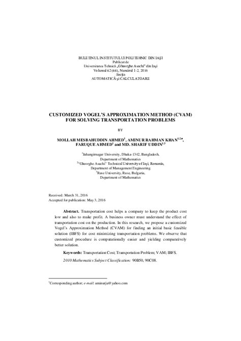 Pdf Customized Vogels Approximation Method Cvam For Solving Transportation Problems