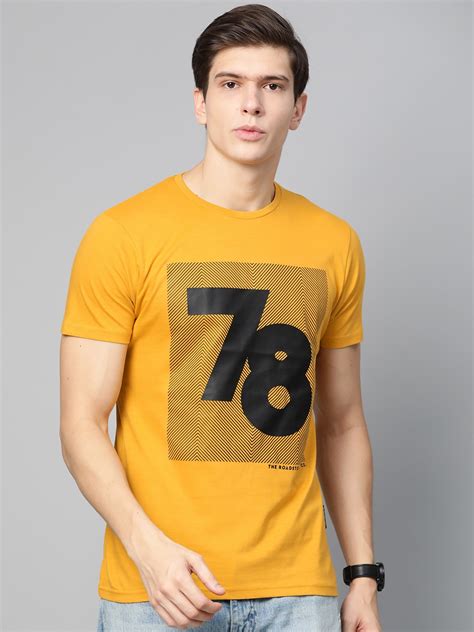 Buy Roadster Men Mustard Yellow And Black Printed Round Neck T Shirt