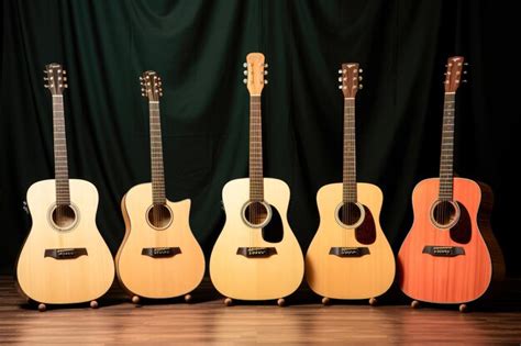 Premium Ai Image Group Of Six Acoustic Guitar On Wooden Background