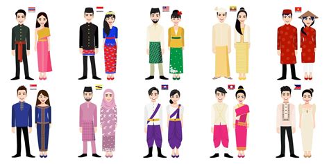 Asian Men And Women In Traditional Costume With Flags 1309458 Vector