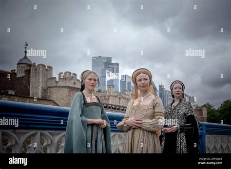 Actors Portraying Three Of The Boleyn Sisters Pose Near The Tower Of