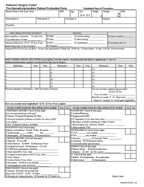 Fillable Online Pre Operative Anesthesia Health Form Delaware Surgery