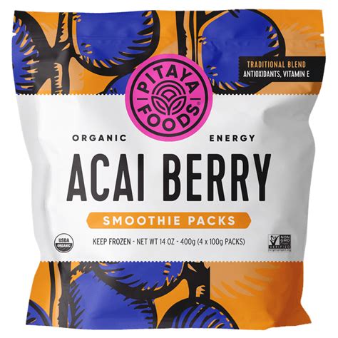 Pitaya Foods Frozen Organic Acai Fruit Smoothie Mix 14 Oz 4pk