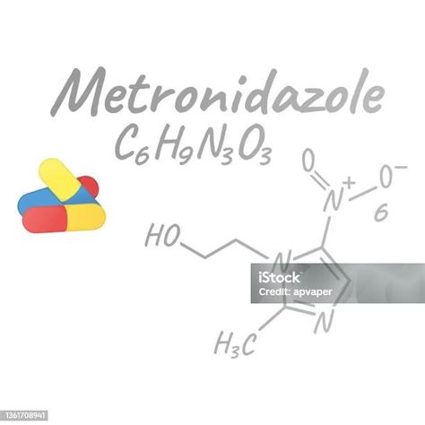Metronidazole 항생제 화학 공식 및 조성물 개념 구조 의학 약물 흰색 배경에 격리 벡터 일러스트 0명에 대한 스톡