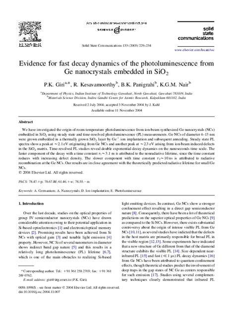 Pdf Evidence For Fast Decay Dynamics Of The Photoluminescence From Ge Nanocrystals Embedded In