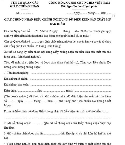 Giấy chứng nhận điều chỉnh nội dung đủ điều kiện sản xuất mũ bảo hiểm