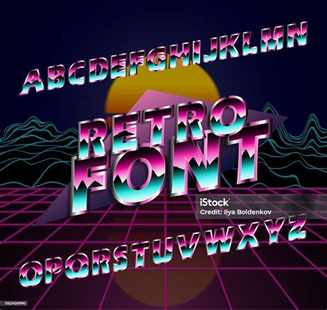 레트로 글꼴입니다 글꼴의 복고풍 미래의 세트 1980 년대 스타일 반짝이는 색상 Lazers와 복고풍 웨이브 음악 스크립트