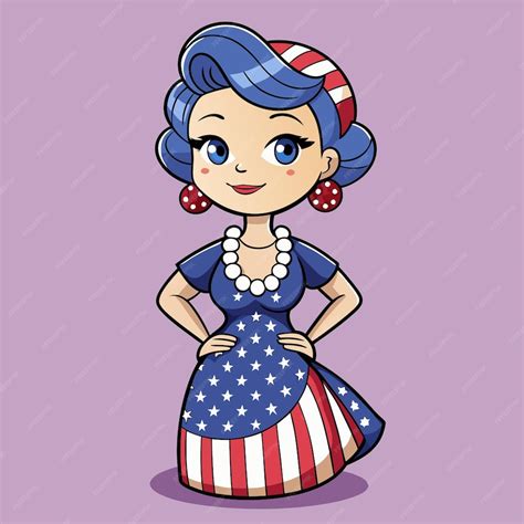 Adorable Lady In Vintage American Flag Dress Cartoon Vector