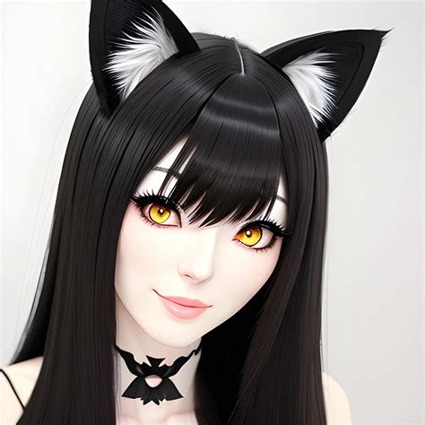 A Cute Girl With Cat Ears Black Long Hair Pale Skin Looking At The Camera Japanese Anime