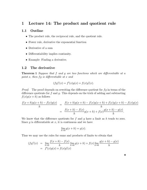 Calculus I Derivatives Of Sums Products And Quotients 1 Lecture 14 The Product And