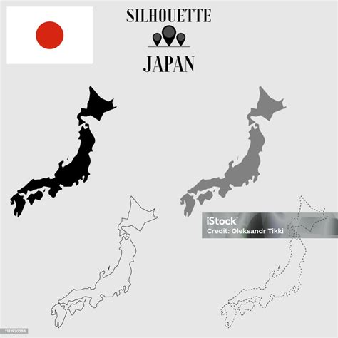 일본 개요 세계지도 실체 대시 라인 윤곽 실루엣 국기 벡터 일러스트 디자인 배경에 고립 된 개체 요소 국가 설정에서 기호 가정