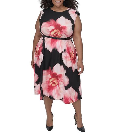 Dkny By Donna Karan Plus Size Crew Neck Cap Sleeve Belted Fit And Flare