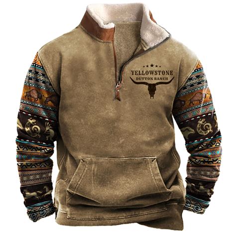 Mens Vintage Western Yellowstone Colorblock Quarter Zip Stand Collar