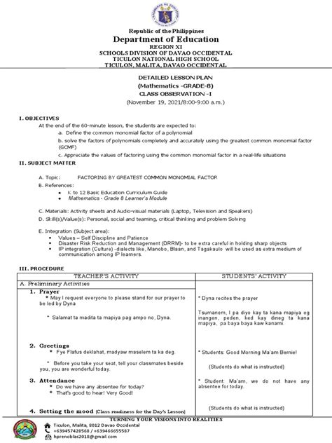 Grade 8 Math Lesson Plan Factoring Gcmf Pdf Polynomial Factorization