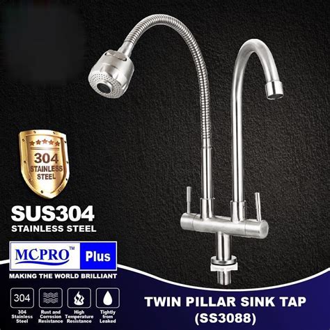 Sus304 Pillar Double Twin Handle Universal Rotate Sink Tap Kepala Hos Paip Singki Dapur Tnadas
