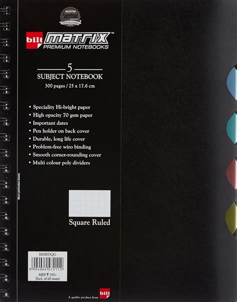 Bilt Matrix Premium 5 Subject Notebook B5 70 Gsm 300 Pages Square