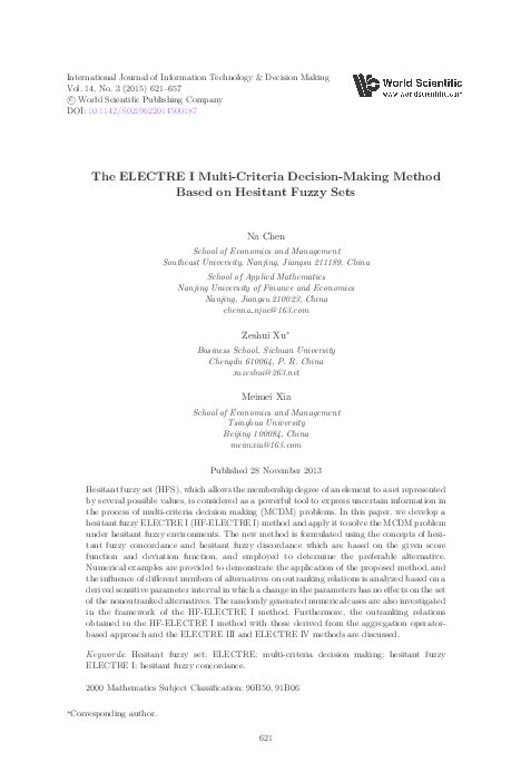 Pdf The Electre I Multi Criteria Decision Making Method Based On Hesitant Fuzzy Sets