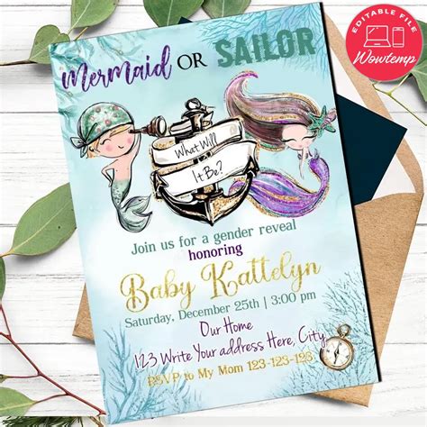 Mermaid Or Sailor Gender Reveal Invitation Customizable Template Wowtemp