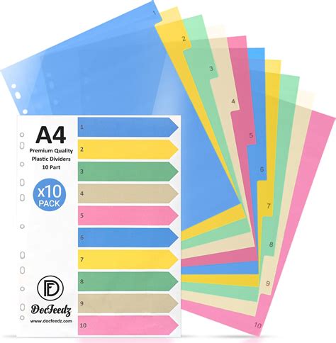 Docfeedz 10 Part Plastic File Dividers A4 With Index Paper Pack Of 05 Pastel Colour Folder