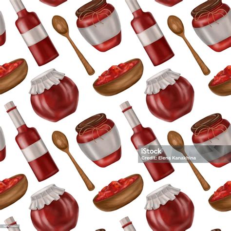 유리 항아리와 나무 접시에 통조림 토마토 소스와 원활한 패턴 직물 직물 배너 포장지 및 기타 디자인의 배경 0명에 대한 스톡 벡터 아트 및 기타 이미지 Istock