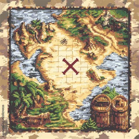Pixel Art Ancient Treasure Map With Markings And Details Stock Illustration Adobe Stock