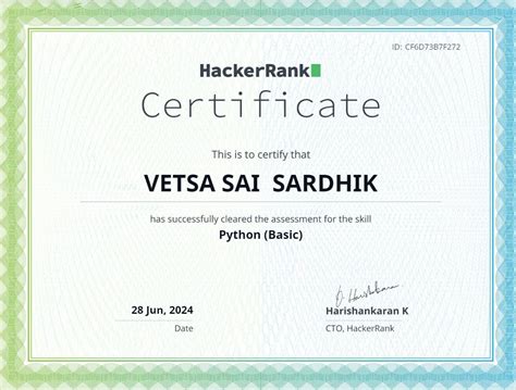 Vetsa Sai Sardhik On Linkedin Certificate Hackerrank Python