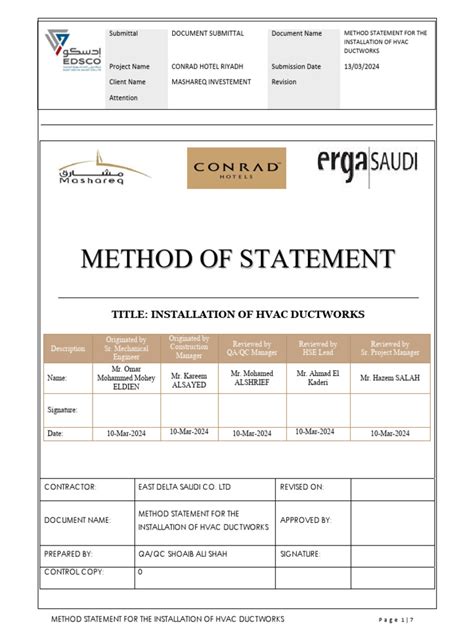 Method Of Statement For Installation Of Hvac System Pdf Duct Flow Building Insulation