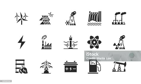발전소 플랫 글리프 아이콘 세트 에너지 생성 스테이션 벡터 일러스트 대체 재생 에너지원에는 태양열 풍력 수력 조수 지열 및 바이오매스 에너지가 포함되었다 블랙 실루엣 연료