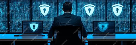 Cybersecurity Professional Monitoring Network Security With Multiple Virtual Lock Interfaces