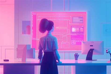 Woman Working In Futuristic Modern Office Interior With Holographic
