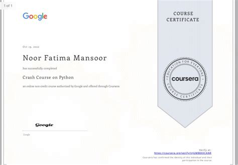 Noor Fatima Mansoor On Linkedin Certification Of Python Crash Course