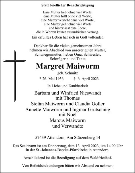 Traueranzeigen Von Margret Maiworm Trauer In Nrwde