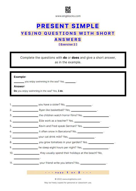 present simple — yes ‌no question with short answer — exercise 2 esl worksheets