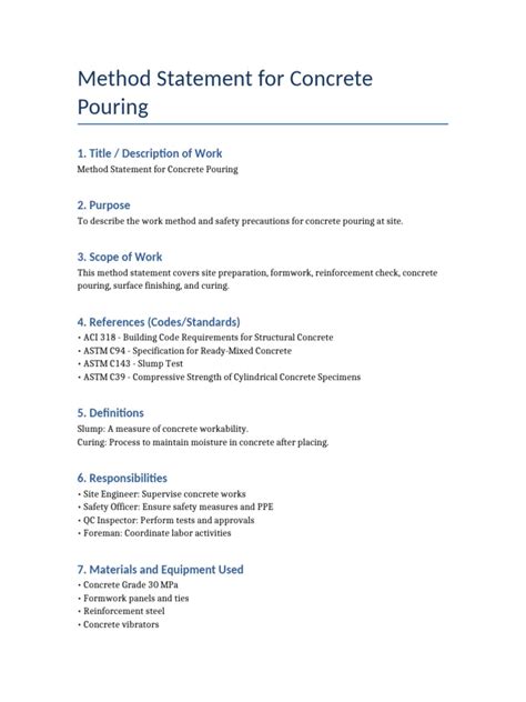 Method Statement Concrete Pouring Pdf