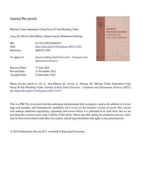 Pdf Missing Values Imputation Using Fuzzy K Top Matching Value