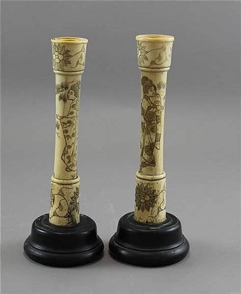 Lot Pair Chinese Carved Ivory Candlesticks