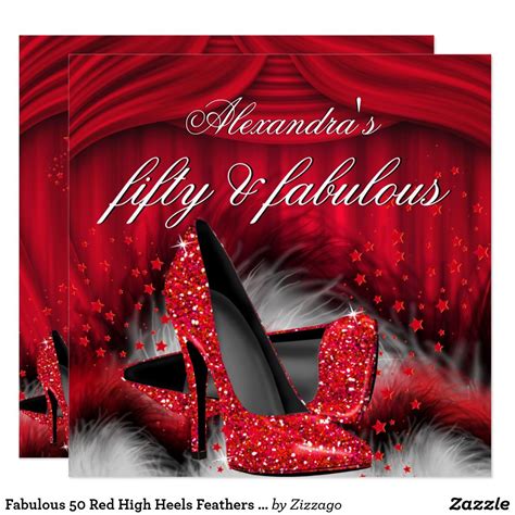 Fabulous 50 Red High Heels Feathers Birthday Invitation Zazzle 50th Birthday Invitations
