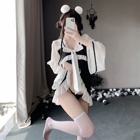 귀여운 로리타 스타일 여성 일본 애니메이션 메이드 코스프레 의상 미코 섹시 란제리 드레스 원근법 실키 잠옷