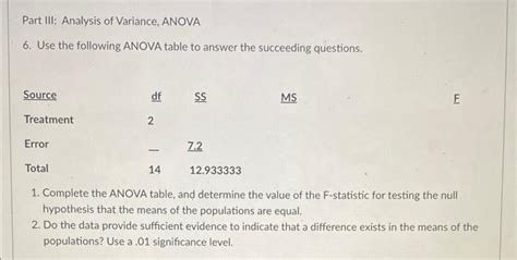 Solved Part Iii Analysis Of Variance Anova Use The Chegg