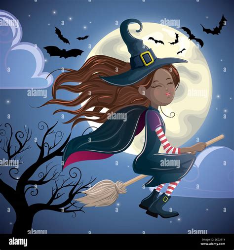 Cute Witch On A Broom Cartoon Illustration Halloween Theme Isolated