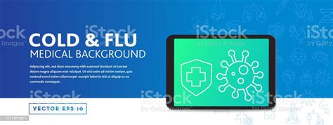 라인 아트 아이콘으로 설정 된 디지털 태블릿 인포 그래픽이있는 의료 감기 및 독감 바이러스 색상 그라데이션 배너 간호사에 대한