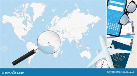 Togo Is Magnified Over A World Map Illustration With Airplane