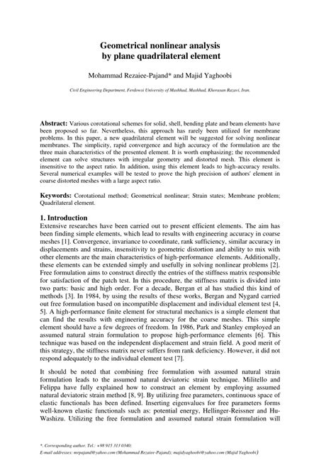 Pdf Geometrical Nonlinear Analysis By Plane Quadrilateral Element